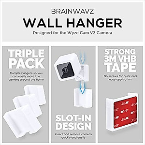 BRAINWAVZ 3 Pack Wall Mount for Wyze Cam V3, Adhesive VHB Stick On - Easy to Install, No Tools Needed, No Mess, No Drilling, Strong Adhesive Mount, White