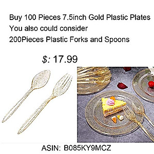 Liacere 100Pieces Gold Plastic Plates-Disposable Gold Glitter Appetizer Plates-7.5inch Premium Plastic Salad/Dessert Plates for Wedding &Parties