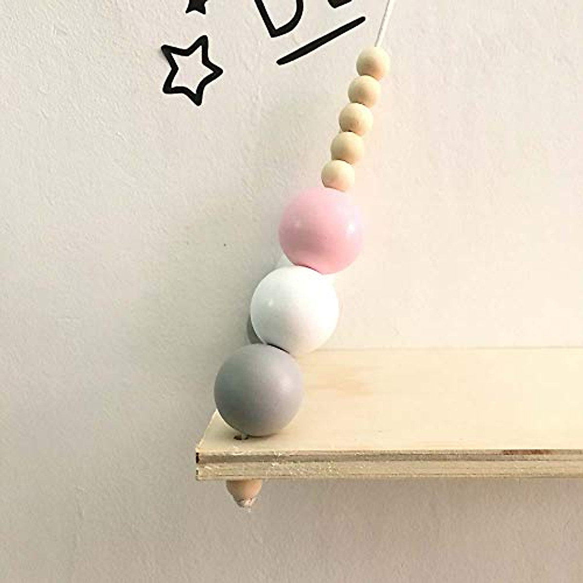 Baost Nordic Wood Beads Wall Hanging Shelf Board Wood Jute Rope Floating Shelves Hanging Storage Shelves Kids Room Nursery Wall Display Shelves Bedroom Organizer Pink White Grey