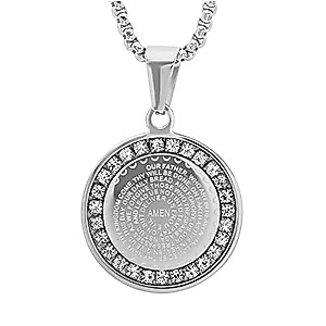 Steeltime Stainless Steel Pendant Necklace with Simulated Diamonds - 18-Inch Rounded Box Chain, Stainless Steel Pendant for Men & Women, Lords Prayer & Serenity Prayer Gifts - Silver, Lord's Prayer