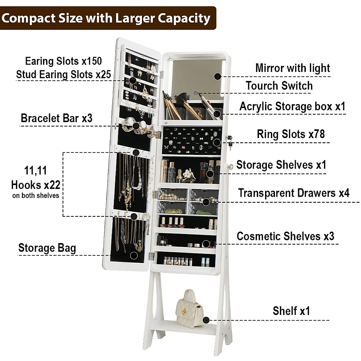 MASMIRE Standing Mirror With Jewelry Storage And Built-In Small Mirror - 63" H Lockable Full Length Mirror Jewelry Armoire, Mirror Jewelry Cabinet With 4 Drawers and Storage Shelf - White