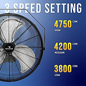 Tornado - 20 Inch High Velocity Industrial Wall Fan - 4750 CFM - 3 Speed - 6 FT Cord - Industrial, Commercial, Residential Use - UL Safety Listed