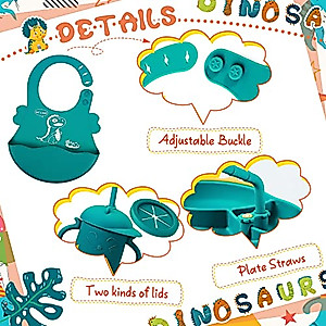 Yaomiao 6 Pcs Silicone Toddler Feeding Set Baby Led Weaning Supplies Dinosaur Shape Divided Silicone Suction Plate Adjustable Bib Sippy Cup with Spoon and Fork Straw Set, Microwave Dishwasher Safe