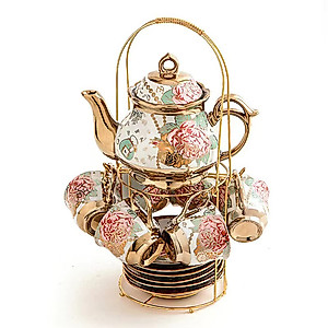 CHANJOON Gold Plated Red Rose Ceramic Tea Set, Vintage Tea Set with Teapot, Beautiful Tea Set Coffee Serving 6 People (Golden, Medium)