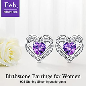 Iefil Earrings for Women, 925 Sterling Silver February Birthstone Purple Amethyst Heart Stud Earrings for Women Wife Mothers Day Anniversary Valentines Day Birthday Gifts for Women Jewelry