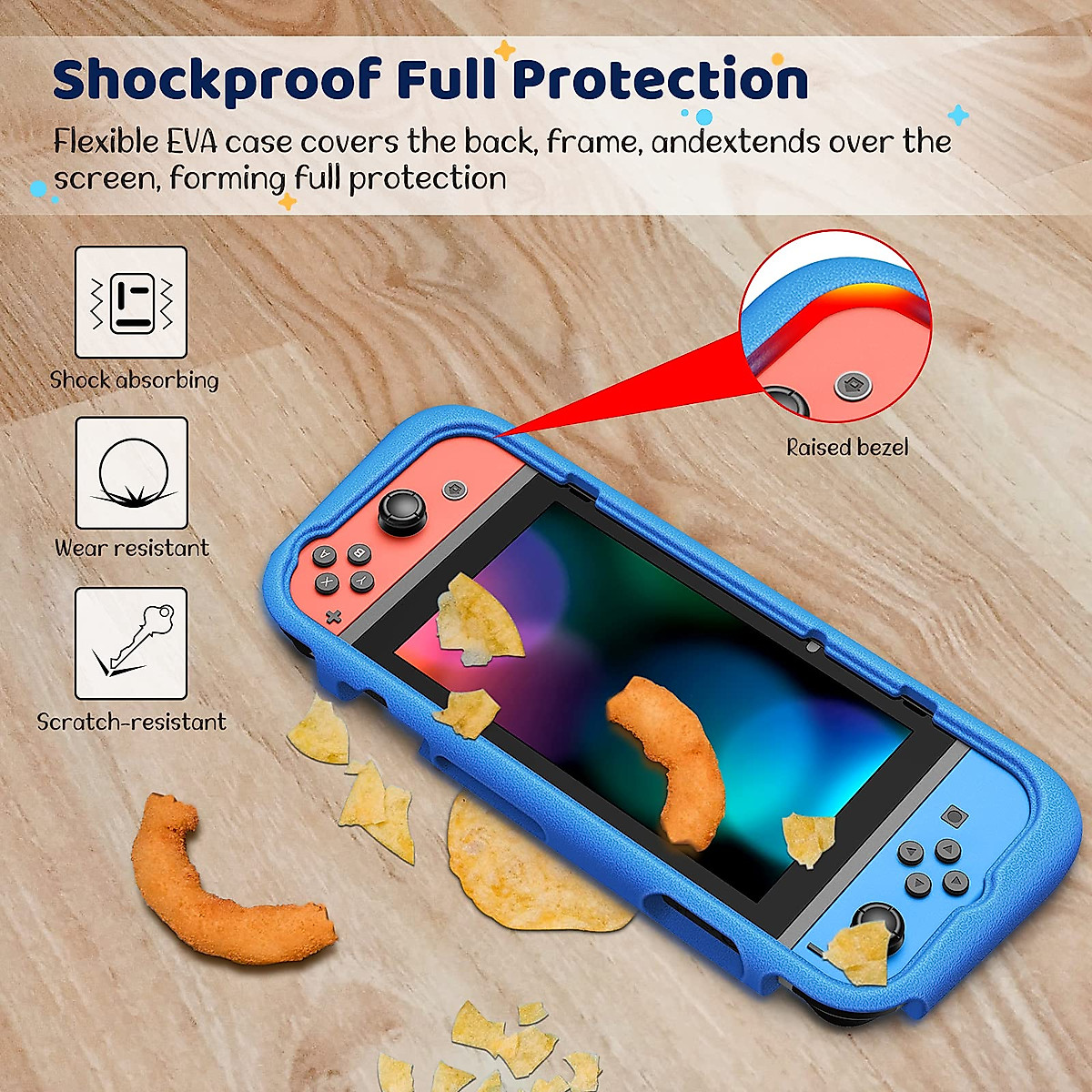 Fintie Kids Case Compatible with Nintendo Switch w/2 Game Card Slots - [Ultralight] [Shockproof] Protective Cover with Ergonomic Grip, Kids Friendly Grip Case for Switch Console (Blue)