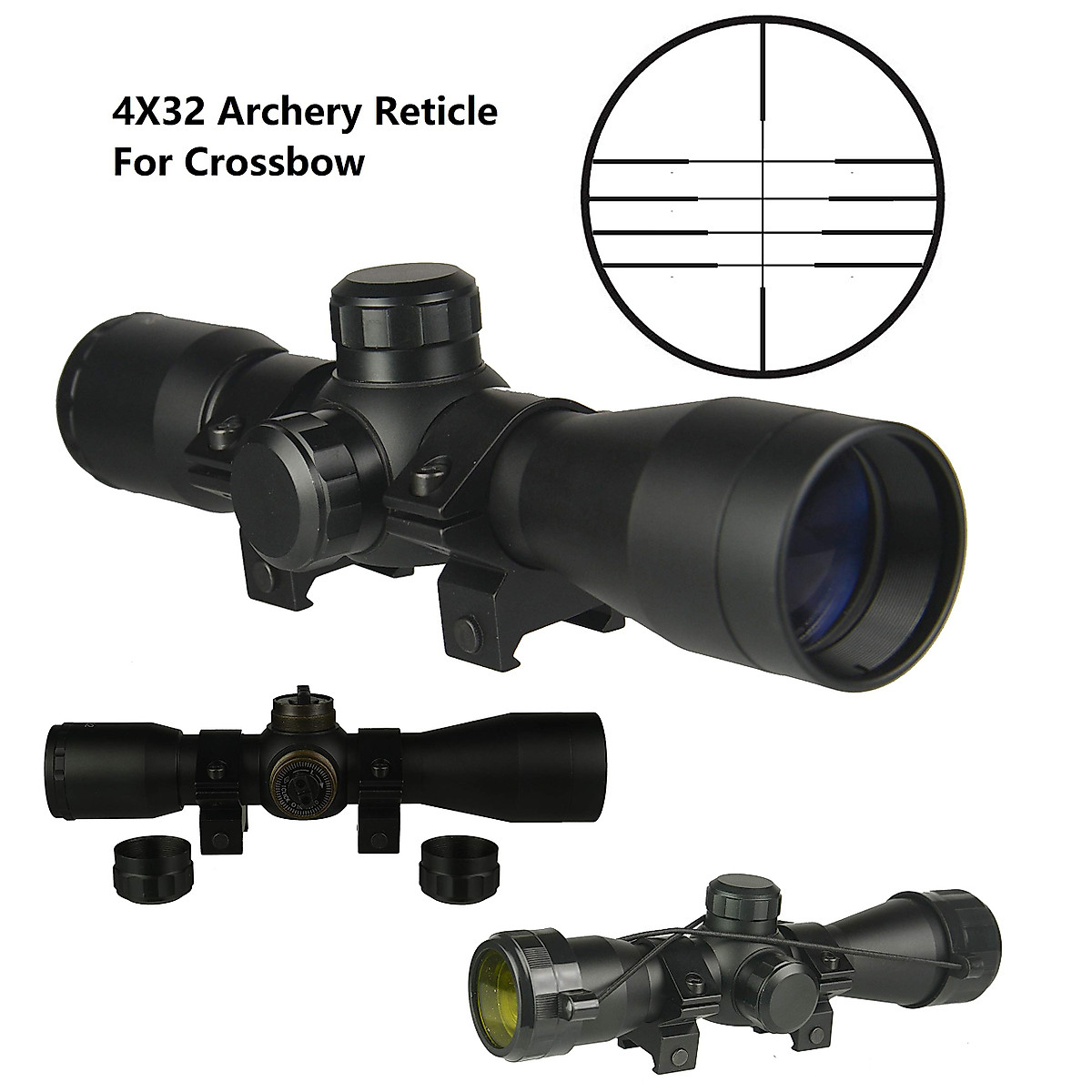 TWP 4x32 Compact Hunting Crossbow Archery Scope, Multiple Range Reticle, 1" Tube and Mid-Height Weaver Ring Mount