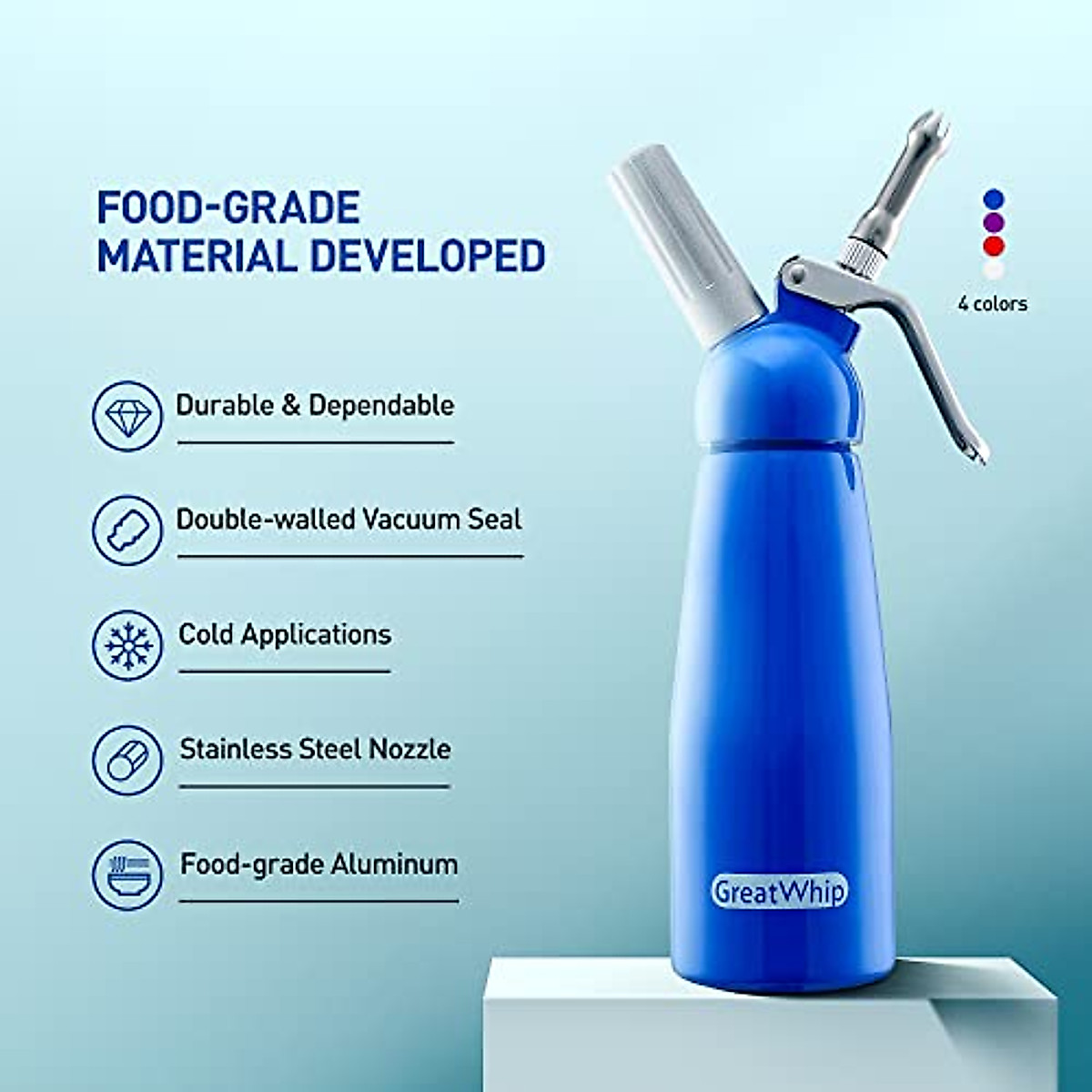 GreatWhip Whipped Cream Aluminum Dispenser Highly Durable Whip Cream Maker 500ml /1 Pint Large Capacity Cream Whipper with 3 Stainless Steel Nozzles & Cleaning Brush (White)