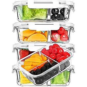 M MCIRCO [5-Pack,36 oz] Glass Meal Prep Containers 3 Compartment with Lids, Glass Lunch Containers,Food Prep Lunch Box,Bento Box, Microwave, Oven, Freezer, Dishwasher (4.5 Cups, White)