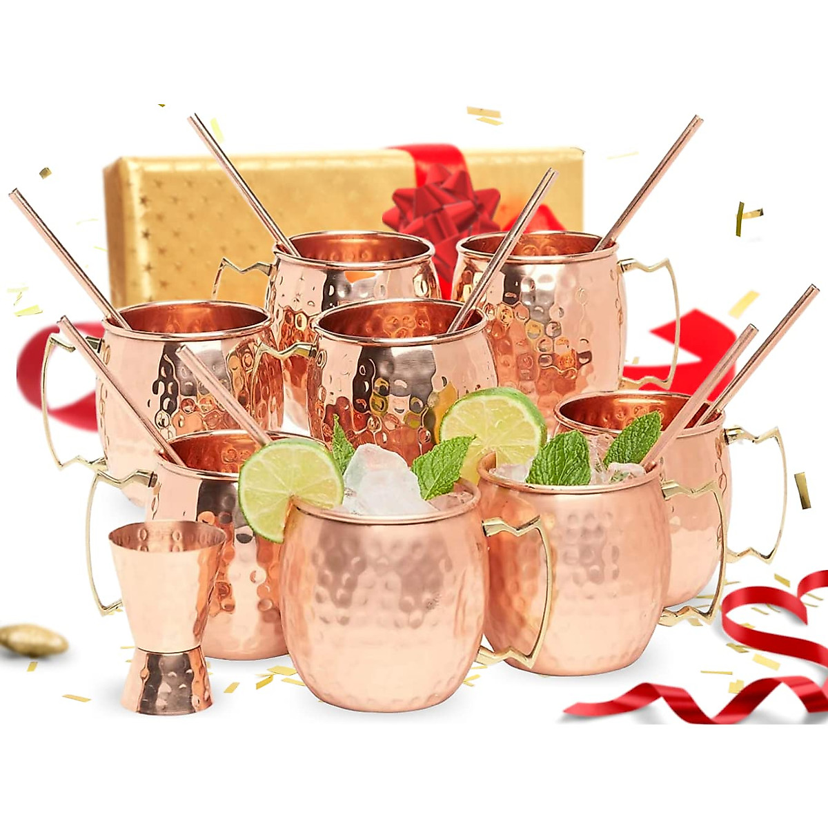 Kitchen Science [Gift Set] Moscow Mule Copper Mugs Set of 8 (16oz) w/Straws & Jigger | 100% Pure Copper Cups, Tarnish-Resistant Food Grade Lacquered Finish, Ergonomic Handle (No Rivet) w/Solid Grip