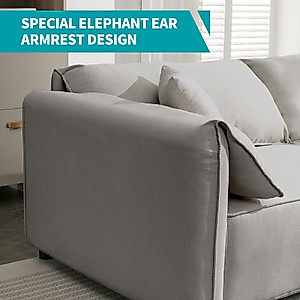 BALUS 97" Large Sofa Couch, 4-Seater Couches with Foldable Armrests& 2 Throw Pillow, Modern Linen Fabric Upholstered Sofas, 32" Deep Seat Comfort Sofa for Living Room -Light Grey