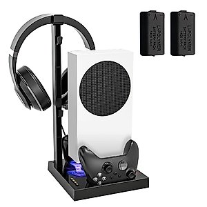 Cooling Fan Stand for Xbox Series S Console with Dual Cooler System, Vertical Charging Station Dual Controller Charger Dock with 2x1400mAh Rechargeable Battery Pack,1 Headset Hanger &4 Type C Adapter