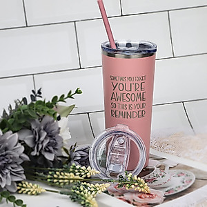 BSLAEEYS Inspirational Gifts for Women –“Sometimes You Forget You’re Awesome Thank You Gifts Birthday Gifts for Coworker, Best Friend, Mom, Wife, Sister-22 Oz Insulated Tumbler（Pink）