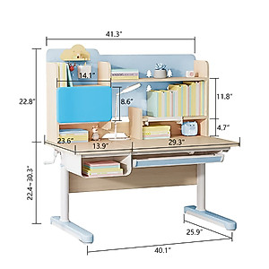 FCD Wood Adjustable Height Ergonomic Kids Study Desk Drafting Table Computer Station Built-in Bookshelf Hutch Multi Function Desktop 43.3" Width (Blue)