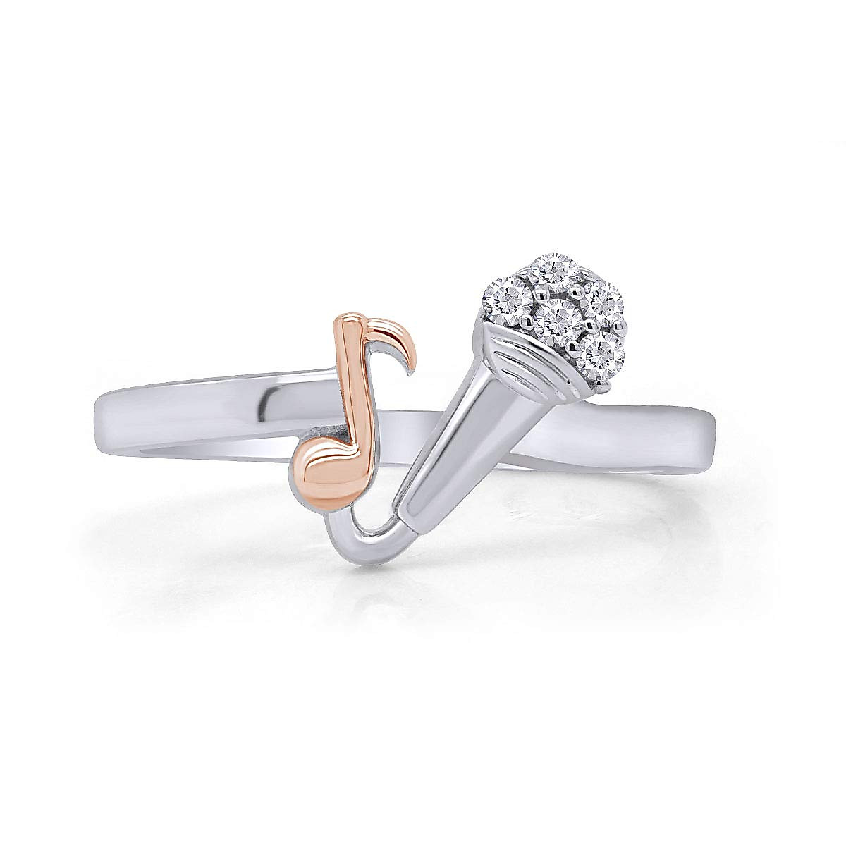 Round White Natural Diamond Accent Mic & Music Note Two Tone Ring 14k White Gold Over Sterling Silver