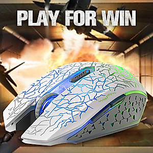 VEGCOO C10 Wireless Gaming Mouse, Rechargeable Gaming Mouse, Silent Optical Mice with 2.4G USB Receiver, 3 Ajustable DPI, 7 Colorful LED Lights for Gamer (White)