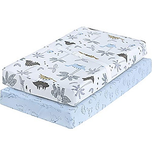 My Little Zone Dinosaur Changing Pad Cover - Cotton Changing Table Mattress Pad, Blue and White, 2 Pack