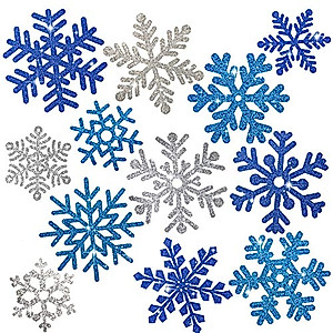 Whaline Snowflake Cut-Outs 48Pcs Glitter Blue Silver Snowflake Cutouts Double-Sided Holiday Cut-Outs with Glue Point for Winter Christmas Wonderland Frozen Party Home Decoration, Assorted Size