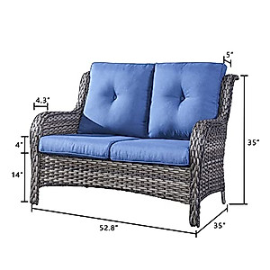 Rilyson Outdoor Loveseat Wicker Patio Sofa - 2-Seat Rattan Outdoor Couch Patio Furniture with Deep Seating and Cushions for Porch Deck Balcony(Mixed Grey/Blue)