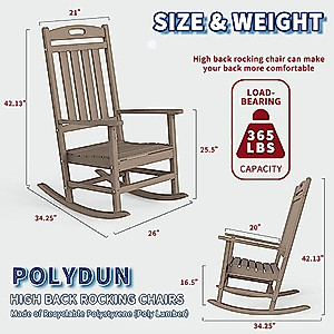 Outdoor Rocking Chairs, High Back Poly Lumber Patio Rocker Chair, 365Lbs Support Rocking Chairs, All-Weather Porch Rocking Chair for Lawn, Backyard, Indoor, Garden, Like Real Wood, Weathered Wood