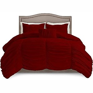 Ornate Bedding 100% Egyptian Cotton 600TC Decorative 3-Piece Soft Luxurious Duvet Set Ruched Ruffle Designer Comforter Cover & Pillow Shames with Zipper & Corner Ties, Full/Queen (Burgundy)