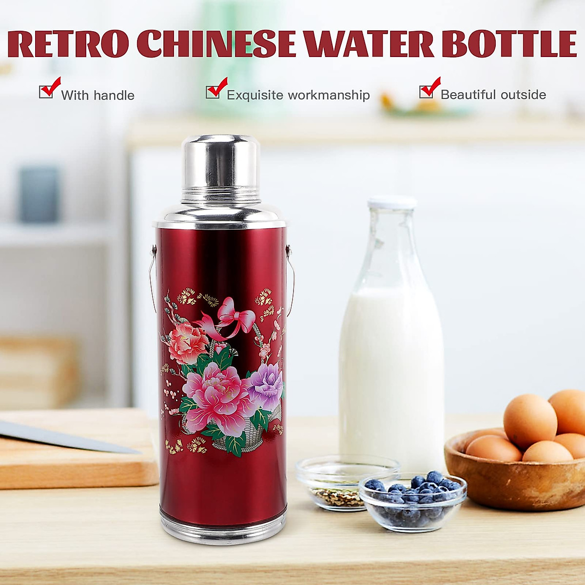 Housoutil Insulated Stainless Steel Water Bottle Chinese Traditional Flask Double Walled Travel Mug Vacuum Coffee Cup Keeps Hot and Cold Leakproof Lids