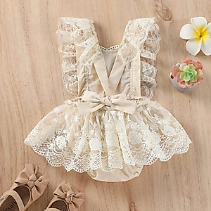 Newborn Baby Girl 1st Birthday Outfit Floral Lace Tulle Romper Tutu Dress Backless Jumpsuits Ruffled Fly Sleeves Ruffle Dresses Flower Headband One Year Cake Smash Princess Boho Clothes Photo Shoot