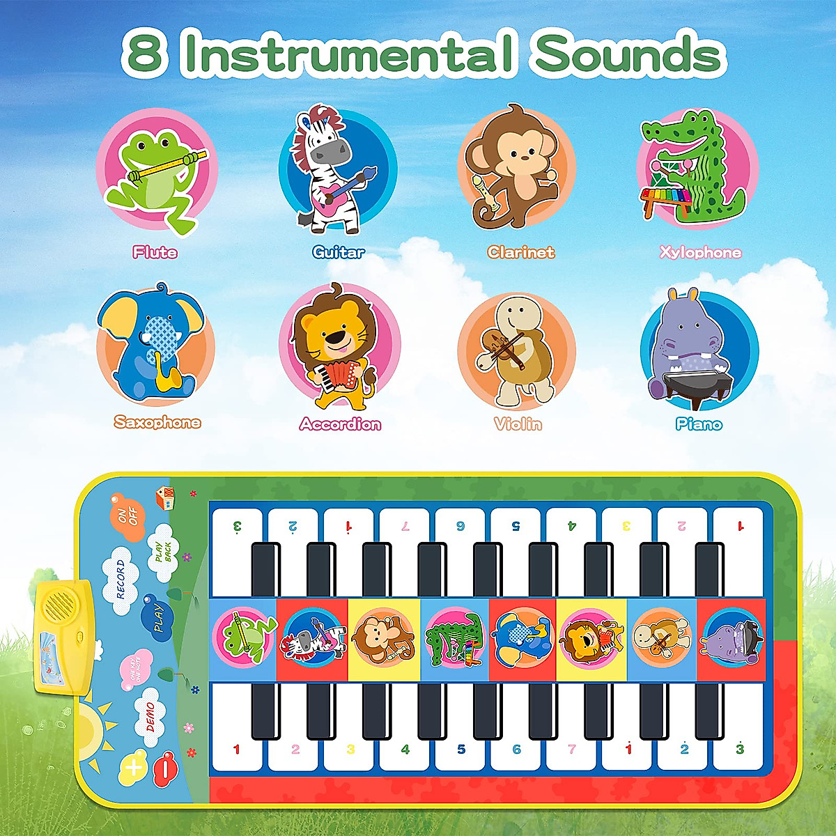 Fivegoes Piano Mat for Toddlers 1-3, 44" X 20" Double Keyboard Music Floor Dance Mat 20 Keys with 8 Instrument Sounds, Learning Educational Toys Gifts for Baby Infant 6-12 12-18 Months Boys and Girls