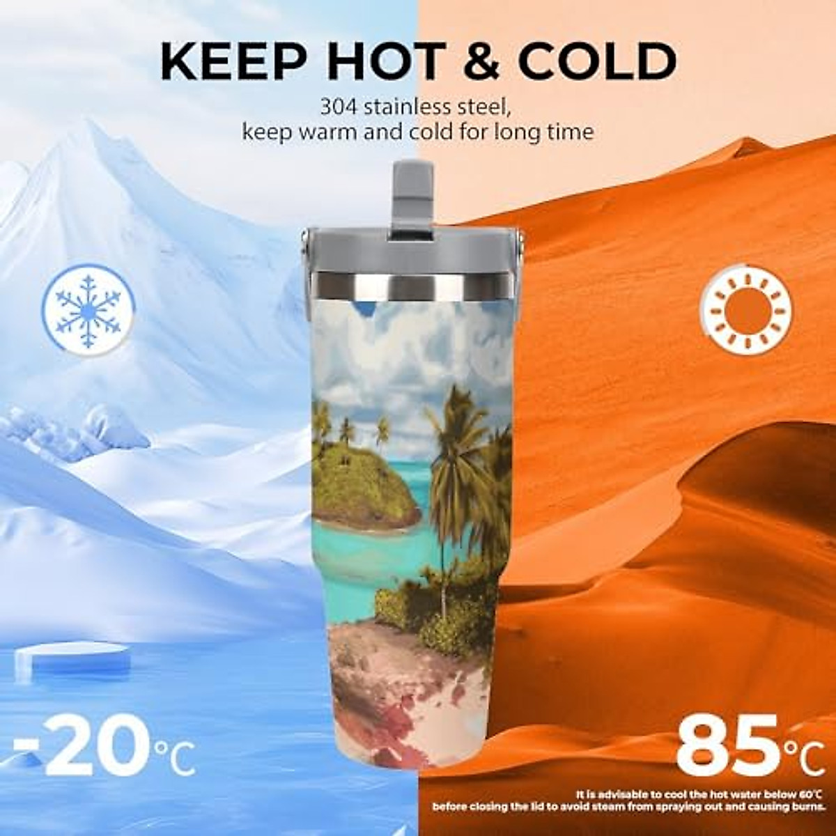 RTFGHJS Caribbean Scenery 30 Oz Tumbler with Handle And Flip Straw, Stainless Steel Vacuum Insulated Travel Mug, Thermal Cup for Coffee, Water, Iced Drinks, Fits Car Cup Holders (Home, Sports)