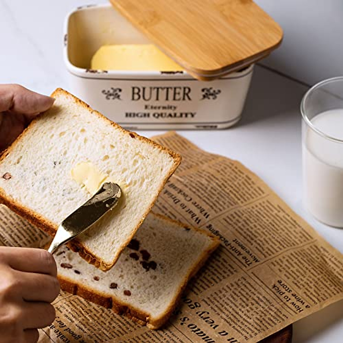 Hasense Farmhouse Butter Dish with Lid for Countertop, Butter Keeper & Holder, Large Butter Container for Fridge with Bamboo Freshness Seal, Enhance Kitchen Decor, Holds Two Sticks of Butter, White