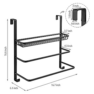 MyGift 3 Tier Black Metal Over The Door Towel Rack and Bathroom Accessories and Toiletries Storage Basket with 2 Hanger Hooks