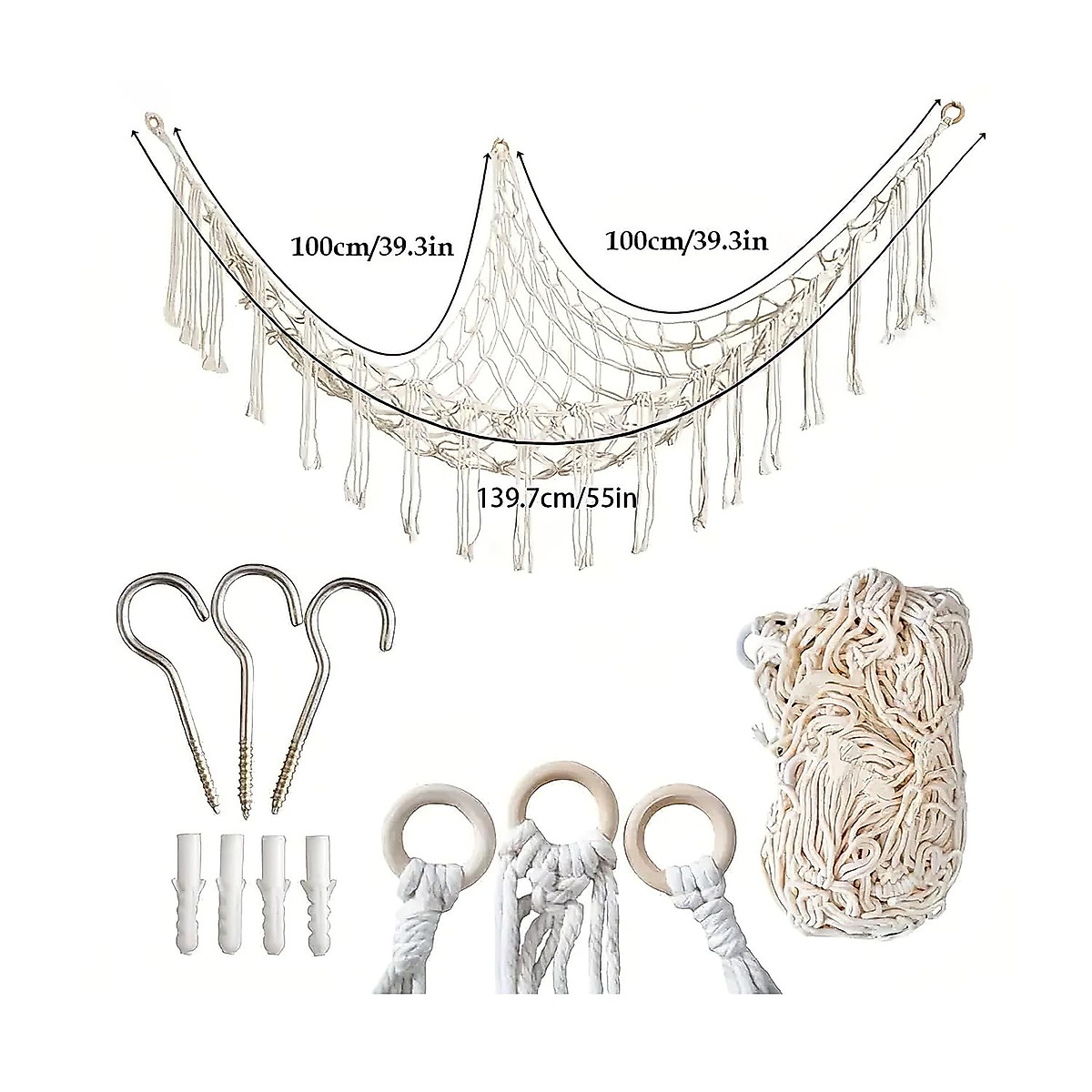 Stuffed Animal Net or Hammock, Mesh Hanging Stuffed Animal Storage Net for Plushies, Squishmallow Net Hardware Included, White, Stretches up to 55 Inches, 1 Pack