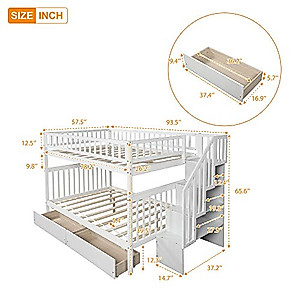 Full Over Full Bunk Beds, Solid Wood Full Bunk Beds with Two Drawers, Inner Bookcase and Stairway for Kids and Teenages, White