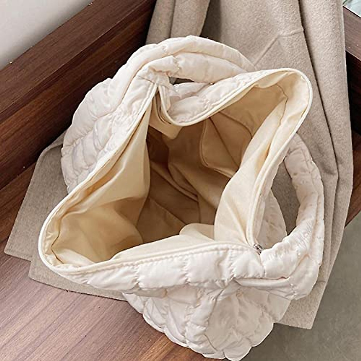 Large Puffer Tote Bag, Quilted Down Bags for Women Soft Space Totes Puffer Bag Lattice Crossbody for Autumn and Winter (White)