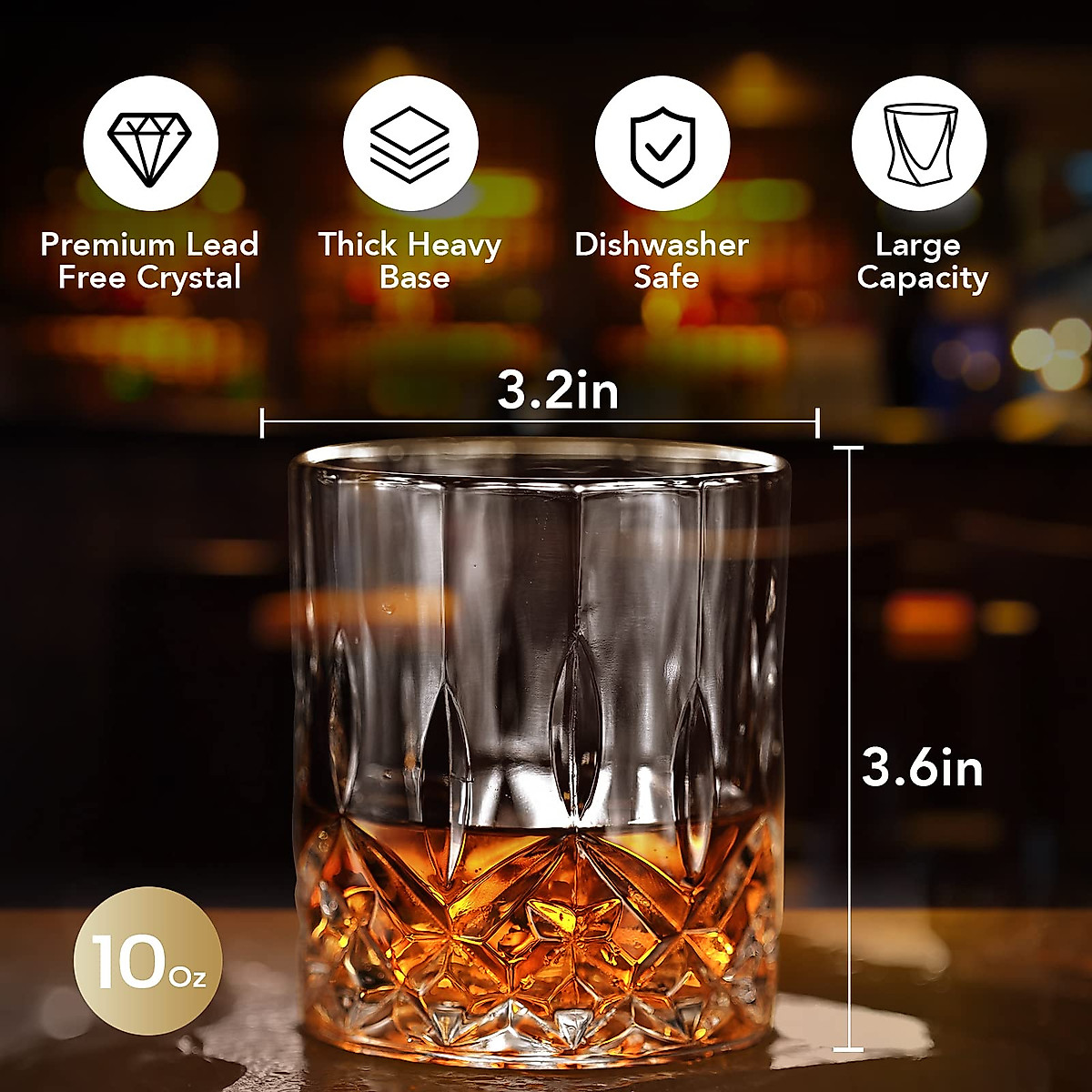 DIOXADOP Whiskey Glasses Set of 2, 10 Oz Old Fashioned Tumblers with 2 Round Big Ice Ball Molds, Bourbon Glasses for Drinking Scotch Whisky Cocktail Cognac Vodka Gift for Men Women at Home Bar