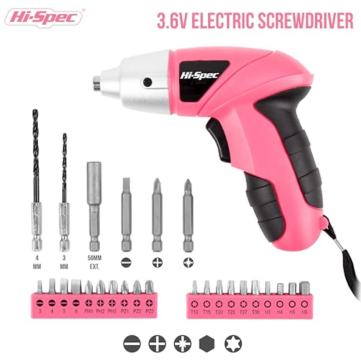Hi-Spec 27pc 3.6V Pink USB Small Power Electric Screwdriver Set for Women. Cordless & Rechargeable with Driver Bit Set