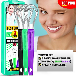 CATACC PRO 3 Pack Metal Tongue Scraper for Kids, Durable Stainless Steel Tongue Scraper Cleaner for Adults - with Travel Case