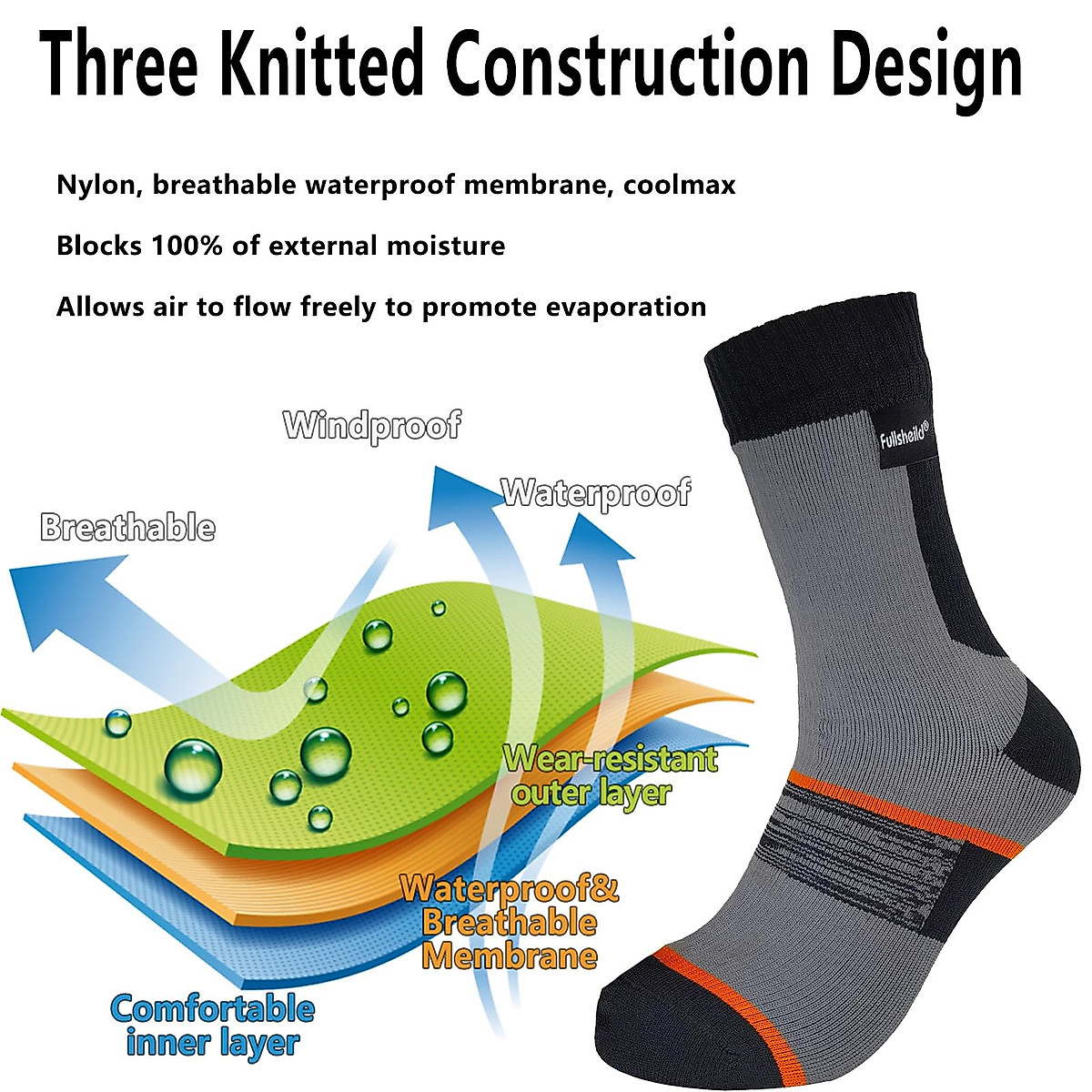 Fullsheild Waterproof Socks for Men, Unisex Outdoor Breathable Hiking Wading Cycling Running Skiing Mid-cuff Socks Grey L