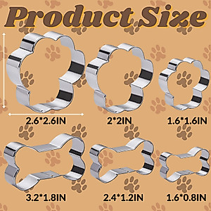 KAISHANE 6 PCS Dog Paw&Bone Cookie Cutter Set, Stainless Steel Biscuit Cutters for DIY Baking Fondant Cake Molds Dog Treats, Bones 3 Size-2.6/2/1.6IN, Paw 3 Sizes-3.2/2.4/1.6IN