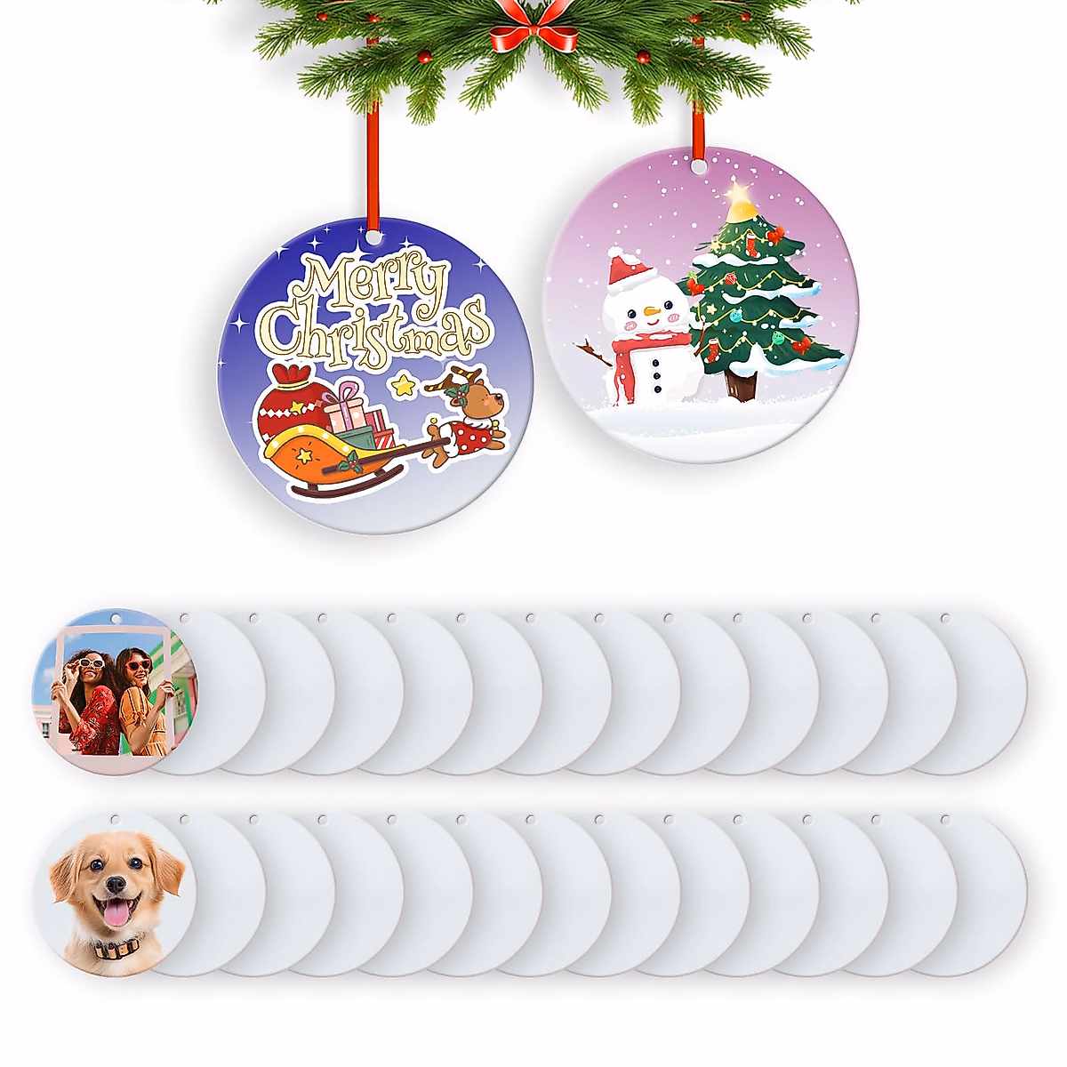HTVRONT Sublimation Ornament Blanks 26 PCS- 3 Inch Sublimation Christmas Ornament Blanks Double Side with Red String - Personalized MDF Decoration Supplies for Halloween Christmas