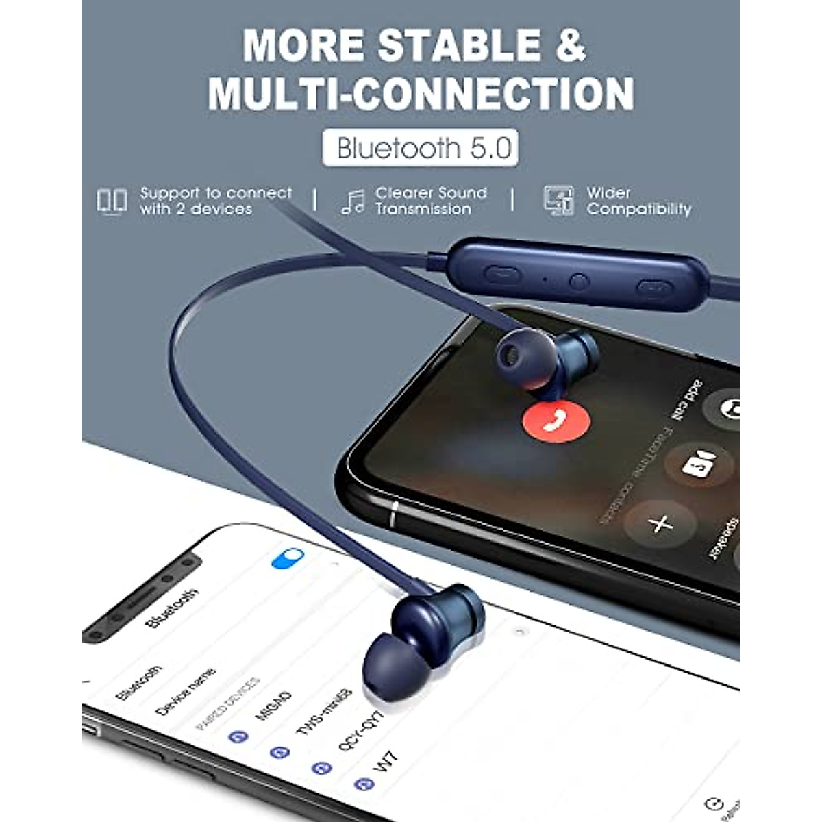 Mubiao Bluetooth Headphones Neckband 20Hrs Playtime V5.0 Wireless Headset Sport Noise Cancelling Earbuds w/Mic for Gym Running Compatible with iPhone Samsung Android