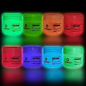 Artecho Glow in the Dark Paint - Set of 8 Colors, 20 ml / 0.7 oz Acrylic Paint for Decoration, Art Painting, Outdoor and Indoor Art Craft, Supplies for Canvas, Rock, Wood, Waterproof Rich Pigments