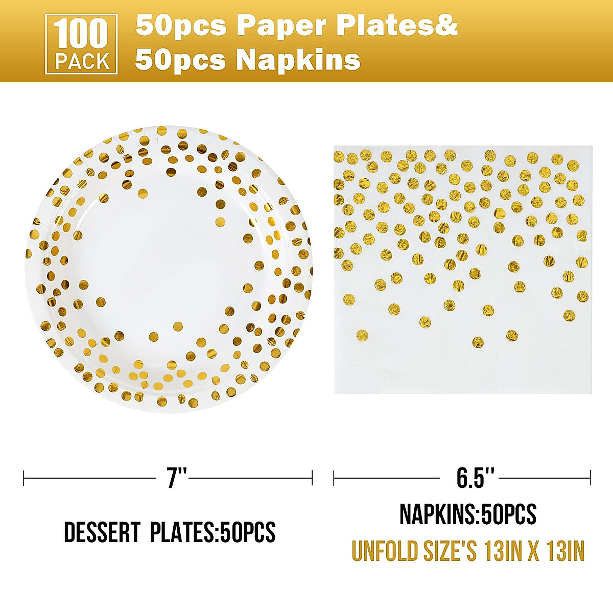 CENLBJ Disposable Plates 100 Pack - White & Gold Paper Plates 50 x 7, Gold Dot Napkins 50 x 6.5, Party Supplies for Weddings, Birthdays & All Occasions