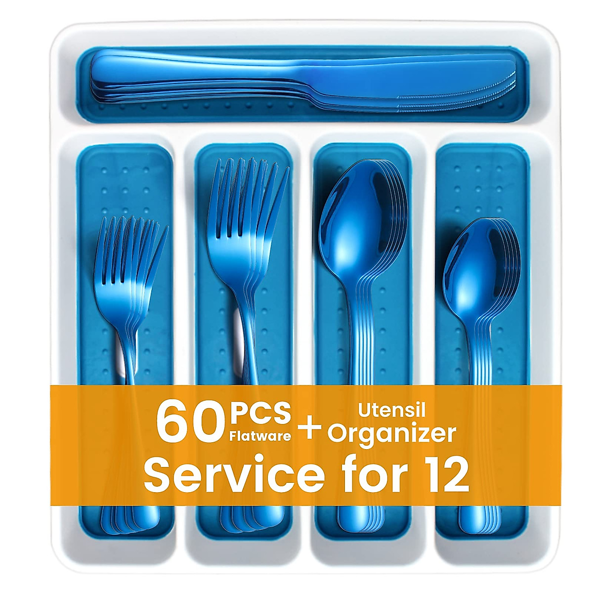 60 PCS Blue Silverware Set with Organizer Tray Service for 12,KITWARE Stainless Steel Flatware Cutlery Set,Mirror Polished Cutlery Utensil Set,Home Kitchen Dinnerware Fork Knife Spoon Set