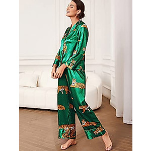 SheIn Women's Satin Sleepwear Lapel V Neck Leopard Print Long Sleeve Pajamas Set Green Polka Dot & Tiger Print Medium