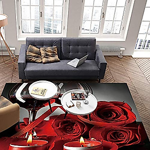 Large Area Rug for Living Room- Valentines Romantic Red Rose Flowers and Wine Soft Comfort Carpet Home Decorate Contemporary Runner Rugs, 2' x 3'