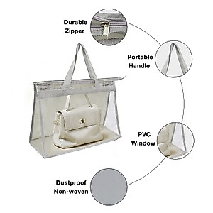QEQRUG Handbag Storage Bags, 3 Pcs Dust Cover Bag for Hanging Closet, Transparent Purse Storage Organizer Bag with Zipper and Handle for Handbags Anti-dust (Grey)