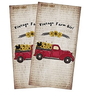 Kitchen Dish Towels 2 Pack-Super Absorbent Soft Microfiber,Vintage Farm Girl Old Truck Sunflowers Newpaper Cleaning Dishcloth Hand Towels Tea Towels for Kitchen Bathroom Bar