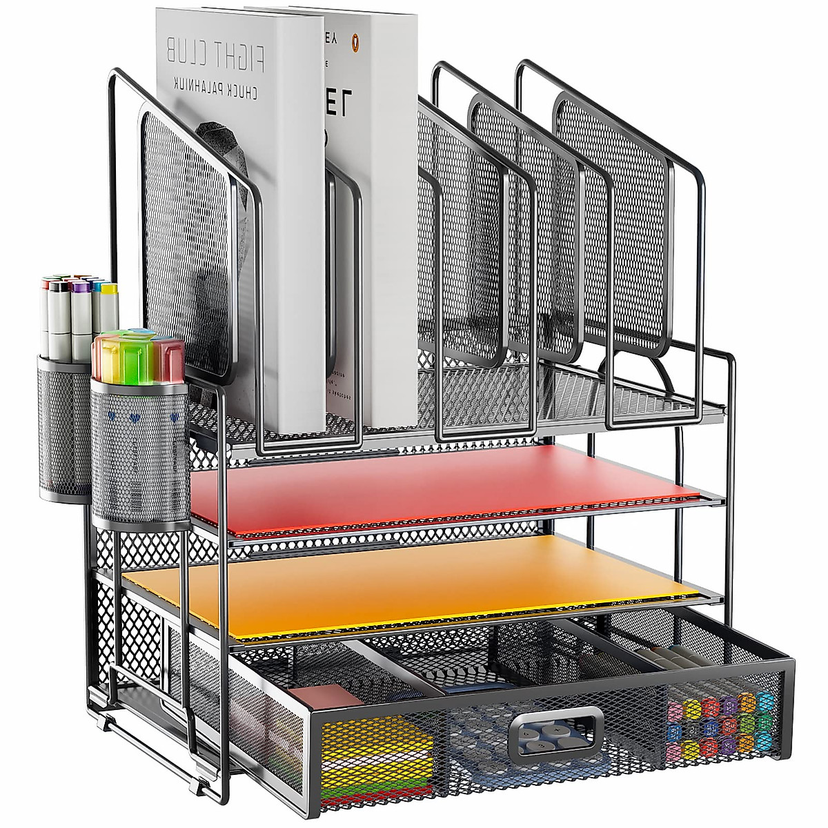 Marbrasse Desk Organizers, 4-Tier Mesh Desk File Organizer with 5 Vertical File Holders and 2 Pen Holders, Multifunction Desktop Organizer,Desk Organizers and Accessories for Home Office (Gray)