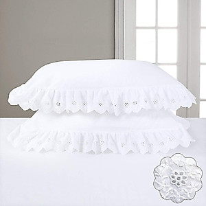 Eyelet Pillow Shams White Lace Ruffled Standard Shabby Chic Set of 2 Pillowcases Scalloped Farmhouse Country French Pretty Girls Cute Ruffle Embroidered 2 Pieces 20×26 Vintage Cotton 100%